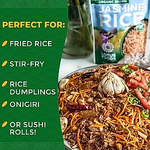 Lotus Foods Organic Brown Jasmine Rice Heat & Eat Pouch - Jasmine Rice, Gluten Free Brown Rice, Organic Rice, Instant Microwave Pre Cooked Rice, USDA Organic - 8 Oz Pouches (Pack of 6)