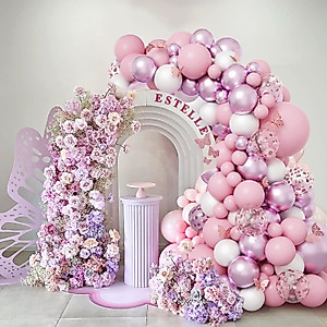 RUBFAC 136pcs Pink Purple Balloon Garland Kit, Butterfly Pink Purple Rose Gold Confetti Latex Balloons for Wedding Bridal Baby Shower Princess Theme Party Decorations