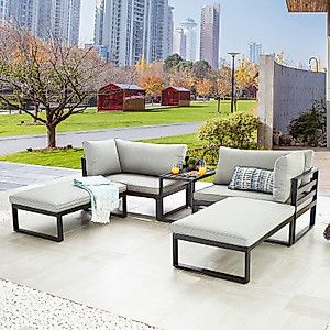 Festival Depot 5 Pieces Patio Furniture Outdoor Conversation Set Metal Corner Sectional Sofa Couch Patio Armrest Chair Cushioned Lounger Dining Coffee Side Table with Ottomans