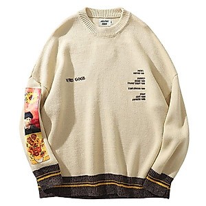 Aelfric Eden Oversized Sweater Graphic Van Gogh Printed Unisex 90s Vintage Women Knit Sweaters Men Casual 2024 Pullover Beige