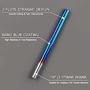 AnoleX CNC Router Bit Kits, 1/8” Shank Straight CNC Bits Nano Blue Coating Carbide Engraving Tool End Milling Cutter| 1/1.5/2/2.5/3.175mm, 10PCS