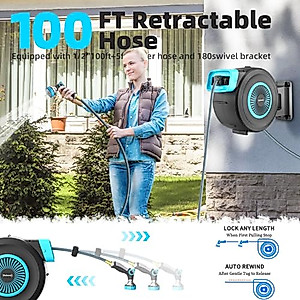 1/2"*100+5ft Garden Hose Reel Sheboren Automatic Retractable Hose Reel with Any Length Lock Wall Mount Watering Hose Reel 180°Swivel Bracket