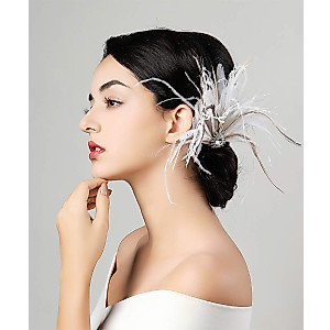 Chmier Bridal 1920s Flapper Feather Hair Clip Pin Crystal White Feather Roaring 20s Headpiece Prom Party Festival Hair Jewelry for Women