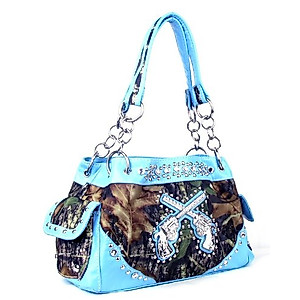 Western Handbag Camouflage Gun Pistol Pocket Camo Rhinestone Purse With Matching Wallet (BLUE)