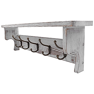 35" Long Coat Rack Wall Mount with Shelf, Rustic Wooden Entryway Shelf with 8 Hanger Hooks, Farmhouse Mounted Pinewood Floating Wall Hook Rack Shelf for Kitchen Bathroom Mudroom Laundry, White