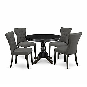 East West Furniture HBGA5-ABK-50 5 Piece Dining Room Furniture Set Includes a Round Dining Table with Pedestal and 4 Dark Gotham Linen Fabric Upholstered Chairs, 42x42 Inch, Wirebrushed Black