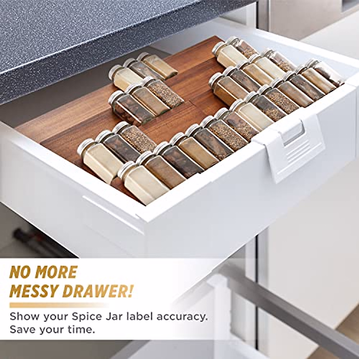 Tinamo Acacia Spice Rack Organizer for Drawer - Wooden Tray Spice Racks Organizer for Cabinet Storage Shelf - 4 Tier Spice Drawer Organizer 64 Jars ( Acacia Wood)