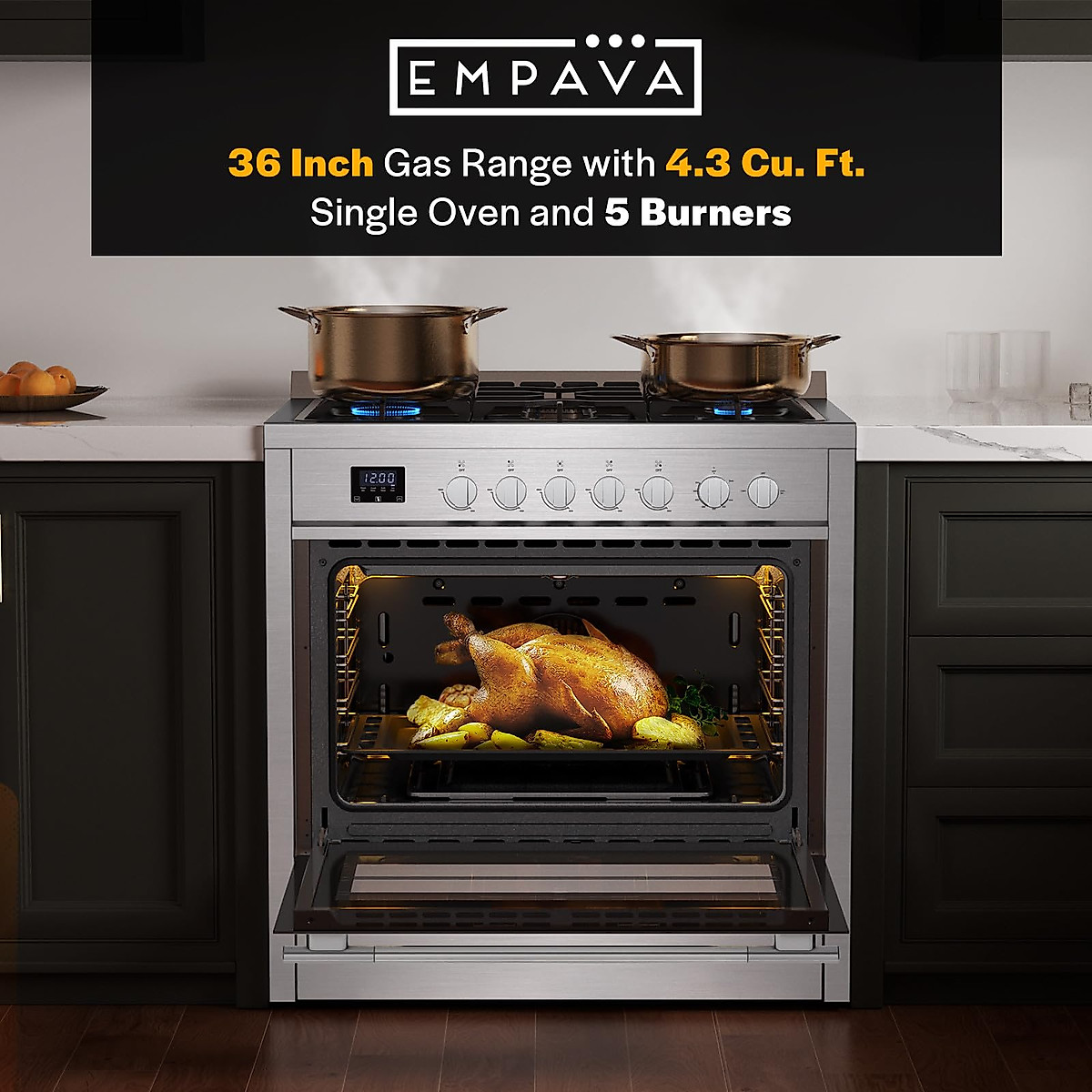 Empava Gas Range, 4.3 Cu. Ft Convection Oven with Touch Timer, 5 Deep Recessed Burners Cooktop, Heavy Duty Continuous Grates in Stainless Steel, Freestanding & Slide-in Stove,36 Inch