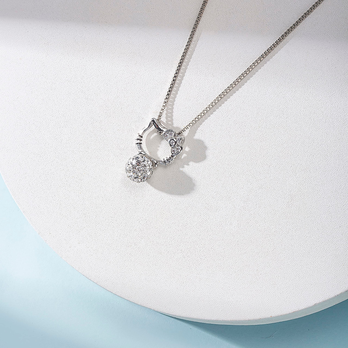 Yihua_Store Cute Real 925 Sterling Silver Cat Pendant Necklace Rhinestone Ball Pendant