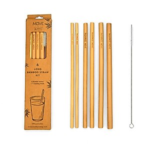 Bamboo Step - 6 LONG Bamboo Straw kit - “Bamboo MOVE” Line: 6 reusable 9.9" (25cm) Bamboo Straws and a cleaning brush in a kraft paper box. 3 Different Diameter Sizes included.