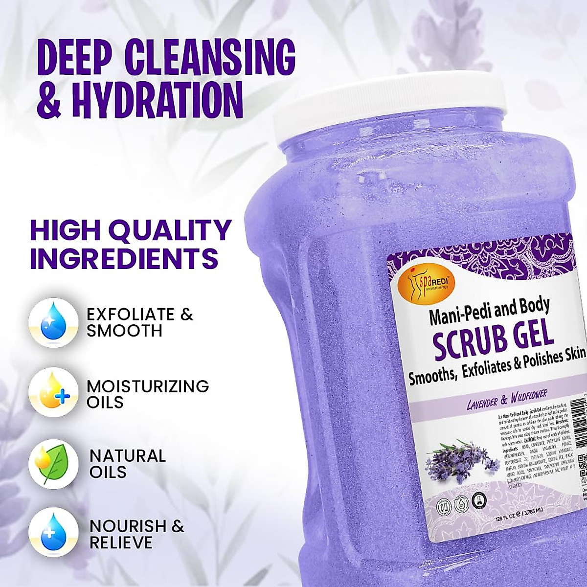 SPA REDI - Exfoliating Scrub Pumice Gel, Lavender and Wildflower, 128 Oz - Manicure, Pedicure and Body Exfoliator Infused with Hyaluronic Acid, Amino Acids, Panthenol and Comfrey Extract