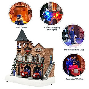 MOMENTS IN TIME Christmas Village Building, Fire Station with LED Lights, Christmas Music, and Animation - Power Adapter (Included)