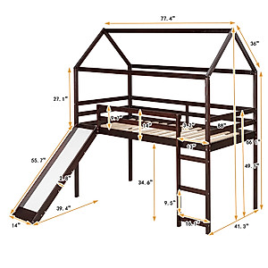 Harper & Bright Designs Twin Size Loft Bed with Slide, House Loft Bed with Slide, Solid Wood Bed Frame for Kids Girls & Boys, Espresso