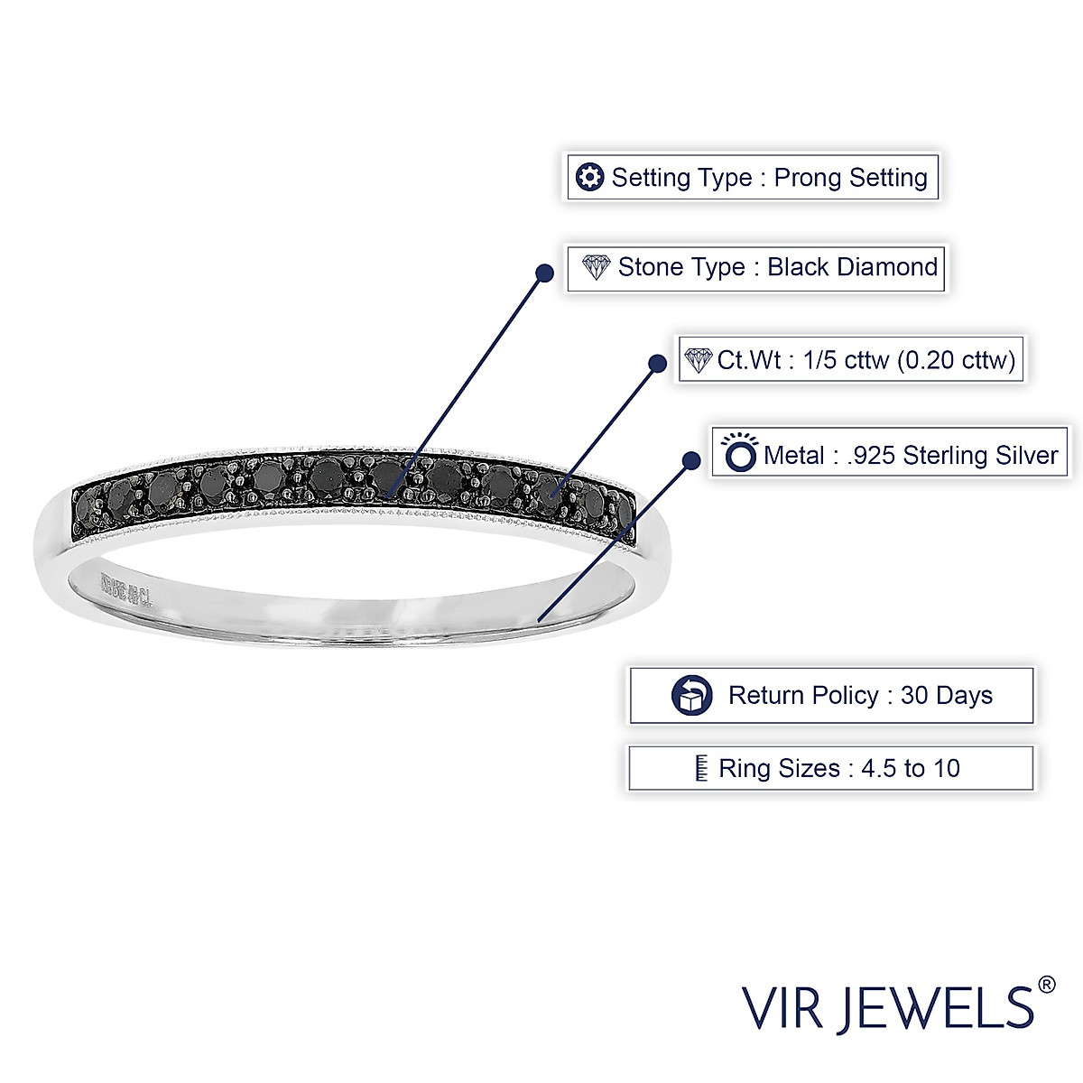 Vir Jewels 1/5 cttw Black Diamond Wedding Band in .925 Sterling Silver with Milgrain Size 8
