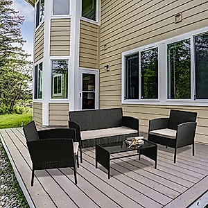 GURLLEU Rattan Sofa Furniture Set, Outdoor Patio Conversation Chair, Loveseat and Tempered Glass Coffee Table, Loveseat for Garden Lawn (Black and White Cushions) (Set 4 Pieces)