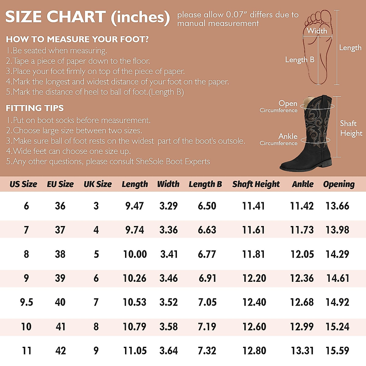 SheSole Women's Fashion Western Cowgirl Cowboy Boots Wide Square Toe Mid Calf Black US Size 8