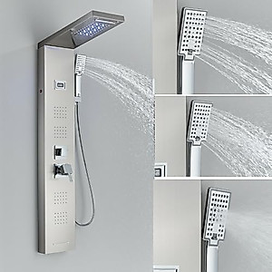 YAGATAP LED Shower Panel Tower System,Bathroom 6-Function Shower Tower,Rain Massage Full Body Shower System with Jets,Hydroelectricity Display LED Rainfall Waterfall Shower Head Brushed Nickel