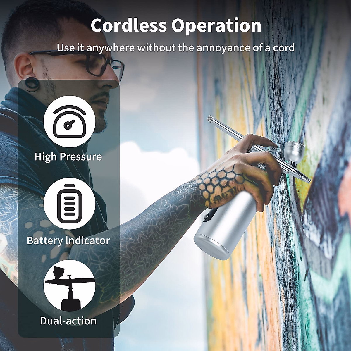 MGGSUG Airbrush Kit with Compressor 36PSI Air Brush Gun Rechargeable Portable Handheld Cordless with LCD Screen for Nail Art, Painting, Cake Decor, Cookie, Mode, Makeup, Barber (Silver)