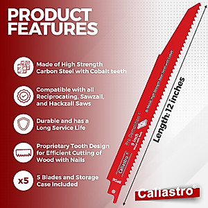 9-Inch Wood with Nails Demolition Reciprocating Saw Blades Made of Long Lasting Bi-Metal with Cobalt Teeth for Reciprocating/Sawzall Saws - 5 Pack - Caliastro