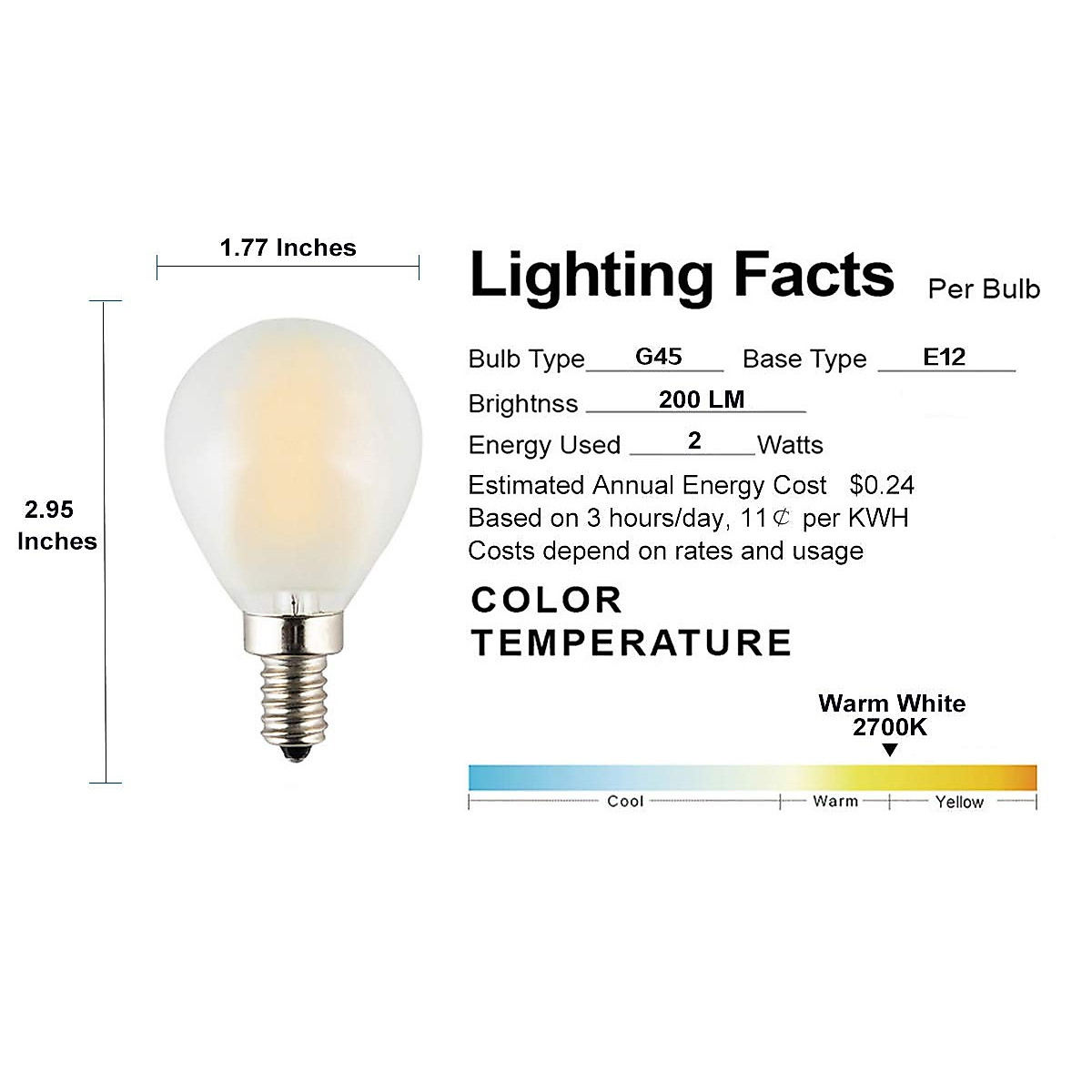 OPALRAY G45(G14) Mini Globe LED Bulb, 2W 200LM, Dimmable, 25W Incandescent Replacement, Warm White Light 2700K Filament Tungsten, E12 Candelabra Base Bulb, Eye-protected Frosted Glass Cover, 6 Pack