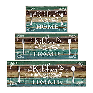 Vaukki Boho Kitchen Rug Sets 3 Pieces, Washable Kitchen Mats for Floor, Non Slip Soft Kitchen Area Rug Floor Mat for Kitchen, Laundry Room and Hallway (Teal, 20''x32''+20''x47''+20''x59'')