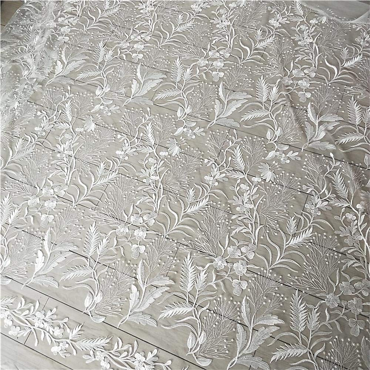 51" Wide White Net Tulle Mesh Flower Lace Fabric Wedding Accessories Luxury Embroidery Lace Fabrics for DIY Wedding Dresses Half Skirt Dress Curtains Table Clothes Background (3 Yard)