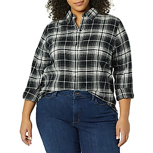 Amazon Essentials Women's Classic-Fit Long-Sleeve Lightweight Plaid Flannel Shirt, Black White Large Plaid, Small
