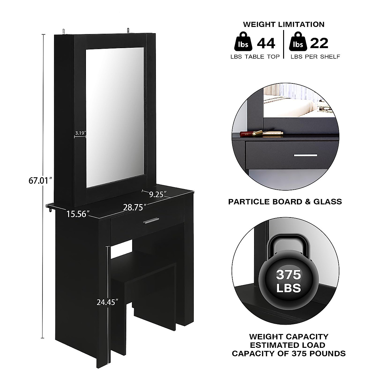 PHPMFTOS Makeup Vanity Desk with Mirror and Stool Bedroom Dressing Table with Storage Shelves Drawer Vanity Set for Women (Black)