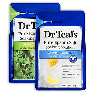 Dr Teal's Epsom Salt Bath Variety Gift Set (2 Pack, 3lb Ea.) - Relax & Relief Eucalyptus & Spearmint, Soften & Nourish Milk & Honey - Essential Oils Blended with Pure Epsom Salt Eases Pain & Stress