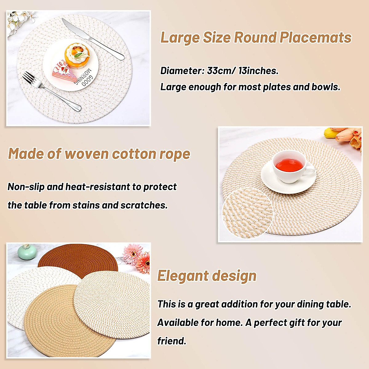 Billbotk Round Woven Placemats Set of 4, 13 Inches Kitchen Table Place Mats for Dining Table, Trivets for Hot Pots and Pans, Boho Table Setting Decor, Fall Decorations for Home