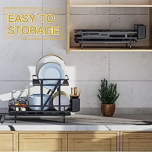 Uamector Large Dish Drying Rack, 2 Tier Stainless Steel Dish Racks with Drainage and Utensil Holder, Drying Rack Kitchen with Drainboard Set, Foldable Dish Drainers for Kitchen Counter Black