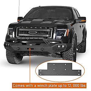 Hooke Road Earthshaker F150 Front Bumper w/Bull Bar & Winch Plate for Ford F-150 2009 2010 2011 2012 2013 2014 (Exclude Raptor), Full Width Steel Replacement Bumper