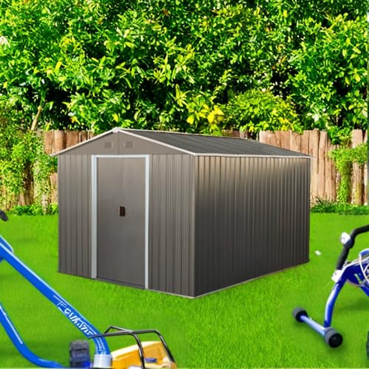 Okak Outdoor Storage Shed 8x10 FT Steel Utility Tool Storage Sheds House with Lockable Doors Waterproof Metal Garden Shed Outdoor Storage for Backyard Garden,Patio,Grey