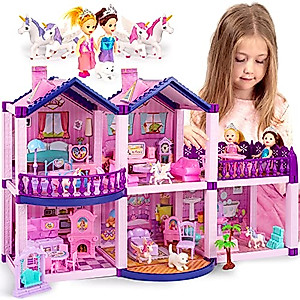 TOMLEON Dollhouse w/ Princesses, 4 Unicorns and Dog Dolls - Pink / Purple Dream House Toy for Little Girls - 4 Rooms w/ Garden, Furniture and Accessories - Girls Ages 3 - 6 (4 Princesses)
