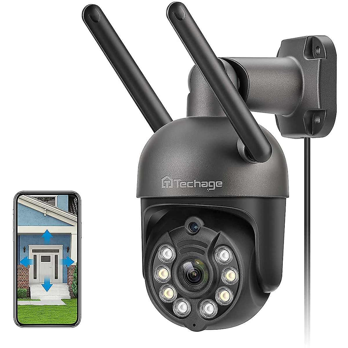 Techage PT815G, Plug-in, Pan Tilt Security Camera Outdoor, Auto Tracking, 3MP, 360° View, WiFi, 2 Way Audio, Color Night Vision with Floodlights, IP66 Waterproof, SD Card/Cloud Storage, Grey