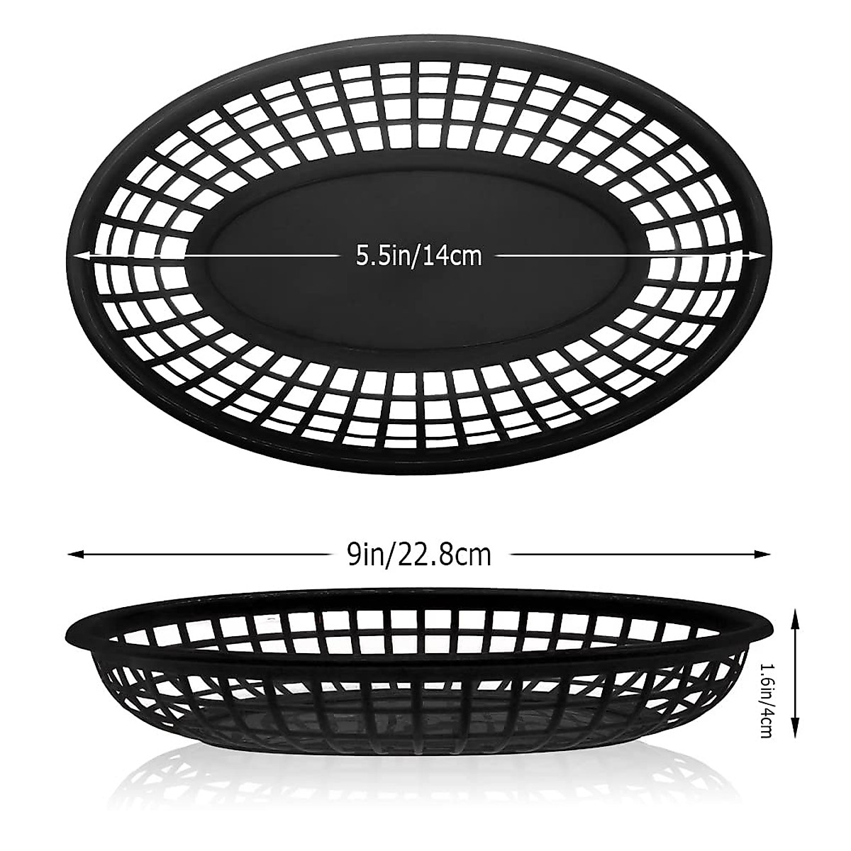 Cezoyx 50 Pack Black Fast Food Basket, 8.9 x 5.6 x 1.5 inch Oval Bread Fry Baskets Plastic Food Serving Tray for Fast Food Restaurant Supplies, Deli Serving, Chicken, Burgers, Sandwiches, Fries