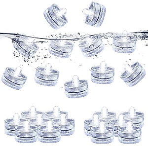 JINHEZO Submersible Led Tea Lights Waterproof, Pond Underwater Small Tealights Battery Operated 125 Hours, Seasonal Festival Celebration Party Table Decorations White 24 Pcs (Built-in 48 Batteries)