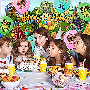 Singing Monsters Birthday Party Decoration, Monsters Game Party Photo Background 5 x 3 FT and 24Pcs Balloon, Monsters of Singing Party Backdrop Supplies for Girls, Boy and Baby Shower