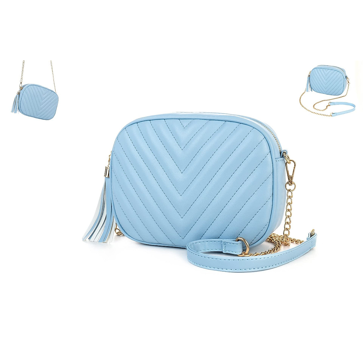 H HANBELLA - A FASHION TRENDY COLLECTION. FOREVER. - Girls Small Crossbody Camera Bag with Chain Strap and Tassel Light Blue