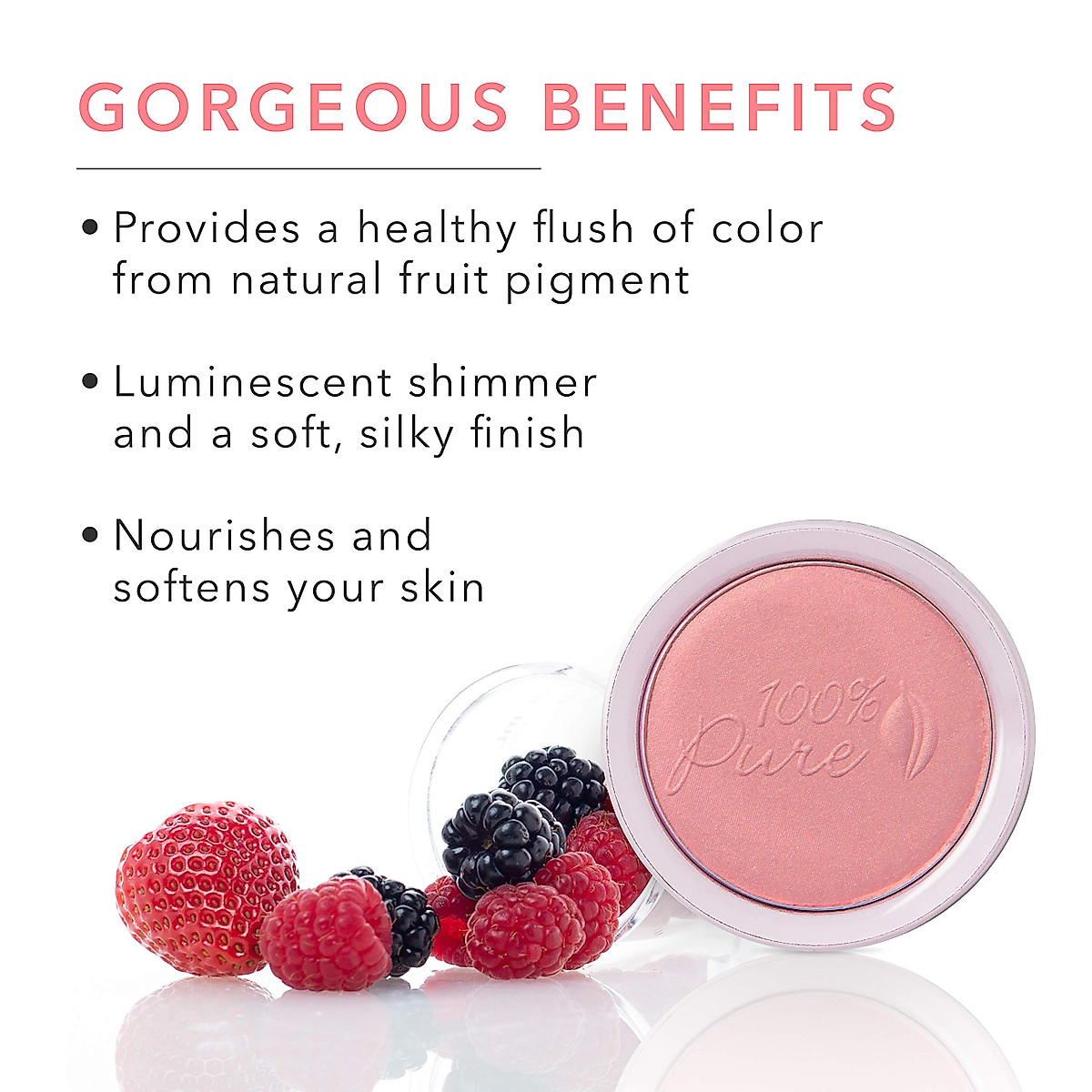 100% PURE Powder Blush (Fruit Pigmented), Chiffon, Soft Shimmery Finish, Nourishes Skin w/Rosehip Oil, Cocoa Butter, Natural Makeup (Soft Pink) - 1.81 oz