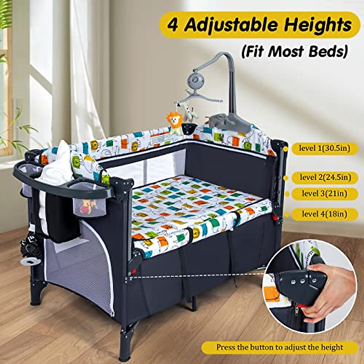 Baby 5-in-1 Pack and Play with Bassinet, Bassinet Bedside Sleeper 5 Functions, Baby Crib with Mattress, Diaper Changer, Playard and Music Box, Bedside Crib for Newborn to Toddles