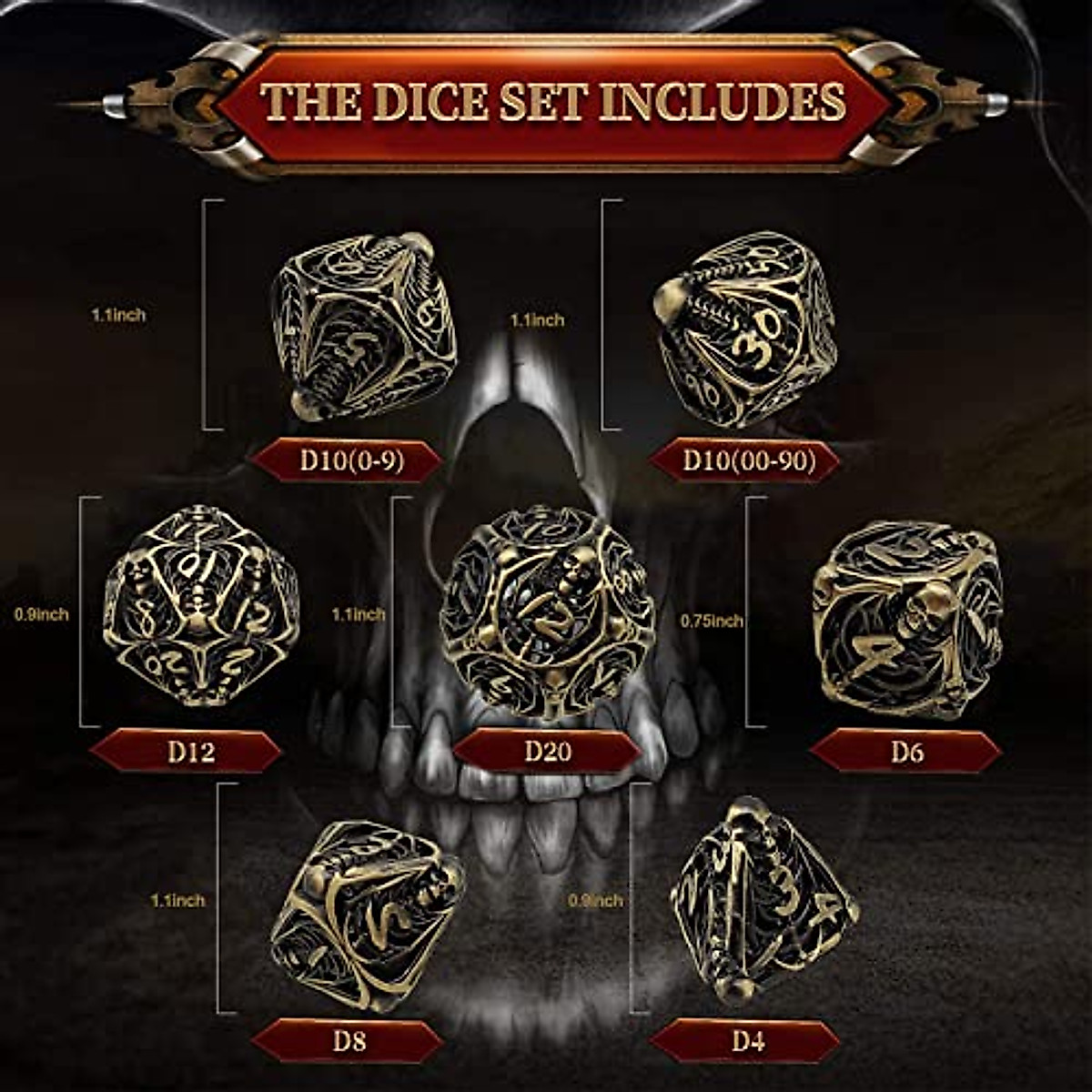 DND Dice Set Polyhedral Hollow D&D Dice Set for Games Dungeons and Dragons Role Playing Games ZHOORQI 7Pcs Skull Metal Dices MTG Pathfinder DND Collection Gifts (Skull-Bronze)