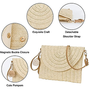 WILDAURORA Straw Shoulder Bag Straw Clutch Women Hand-woven PomPom Straw Crossbody Bag Summer Beach Envelope Purse Wallet