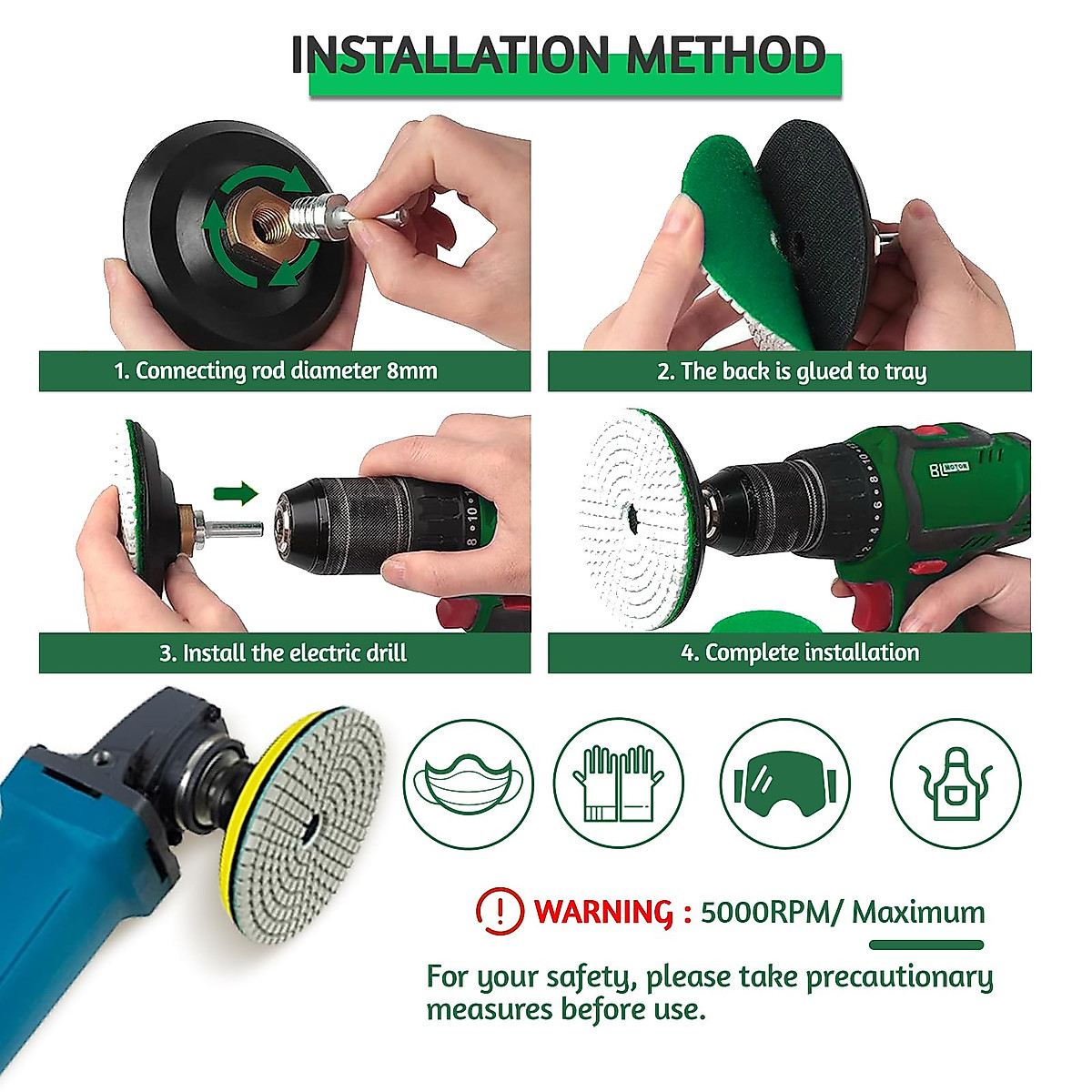 4 Inch Diamond Polishing Pads -11PCS Stone Polishing Kit, 50-3000 Grit with Two Different 5/8’’-11 Backer Pads for Granite, Marble, and Quartz Countertops - Use with Drill, Grinder, and Polisher.