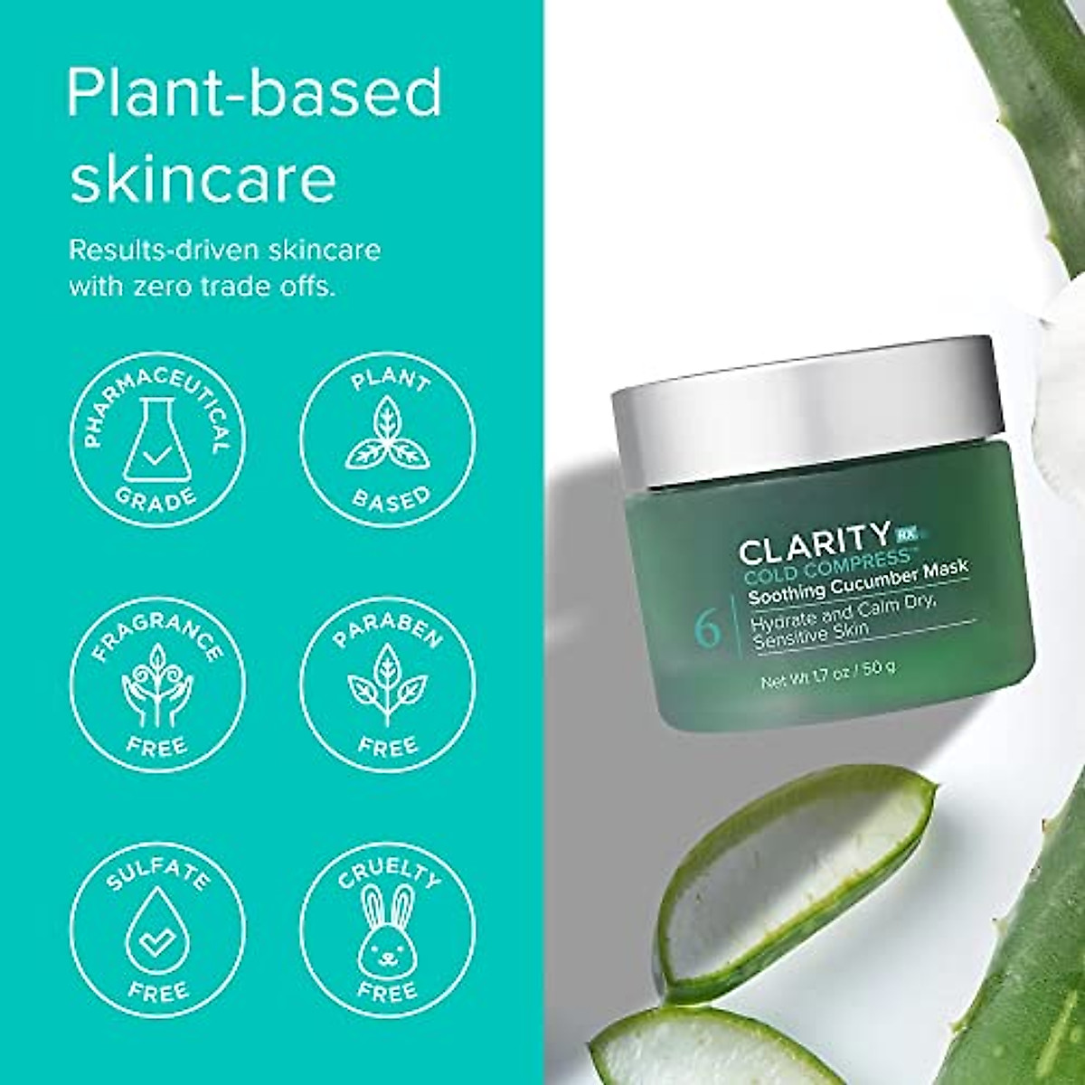 ClarityRx Cold Compress Soothing Cucumber Face Mask, Natural Plant-Based Cooling Facial Treatment with Aloe for Sensitive & Rosacea-Prone Skin (1.7 oz)