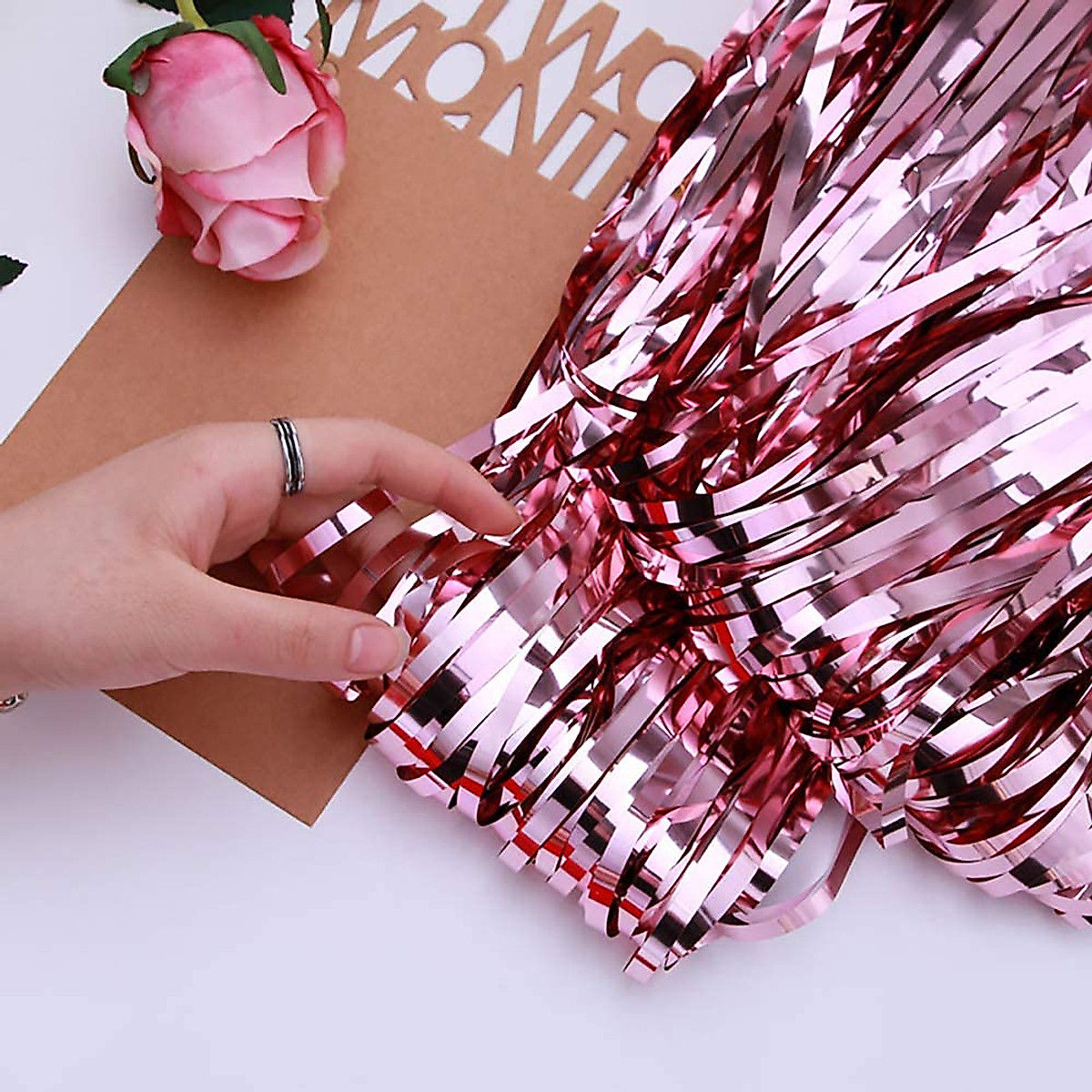 Pink Backdrop Curtain for Party Decorations -6.5x8.2ft, Pack of 2 | LILF Pink Streamers Tinsel with Non-Marking Tape, Foil Fringe Curtain for Birthday Baby Shower Party Supplies Photobooth Props