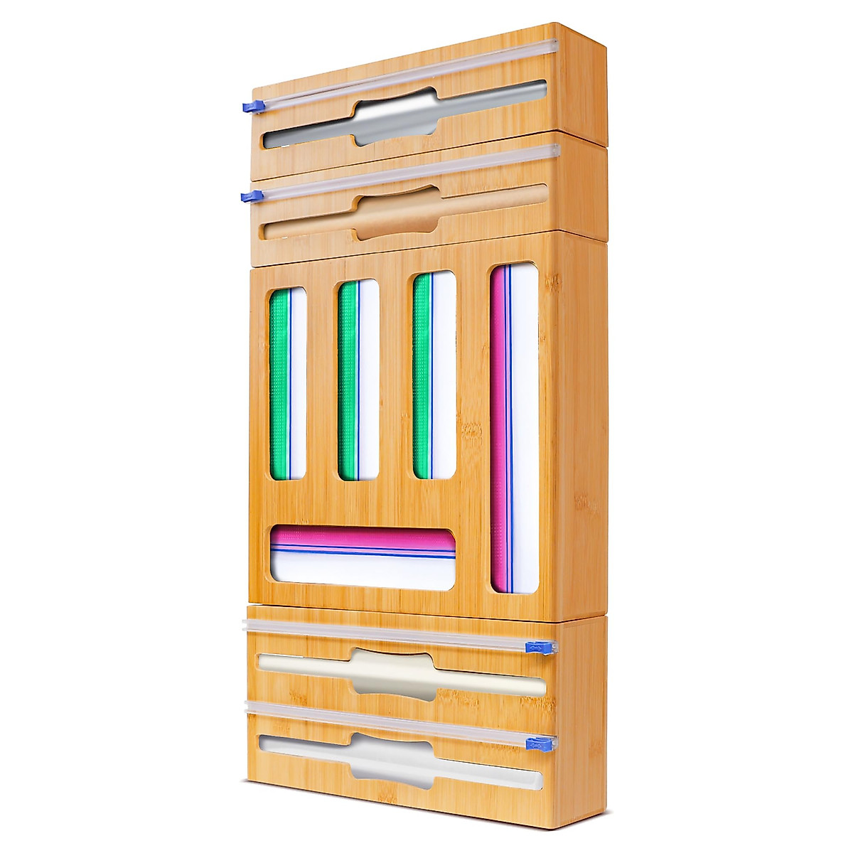 AGILILY 9 IN 1 Bamboo Storage Bag Organizer for Kitchen Drawer, Plastic Wrap and Foil Dispenser with Cutter, Compatible with Gallon, Quart, Sandwich and Snack Variety Size Bags (Natural, 3.5” High)