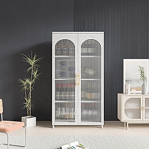 4-Tier Glass Cabinet, Metal Kitchen Pantry Cabinet with Tempered Glass Doors, Modern Accent Cabinet with Doors, Kitchen Cabinet with Adjustable Feet & Shelves, Bar Cabinet, White Pantry （White）