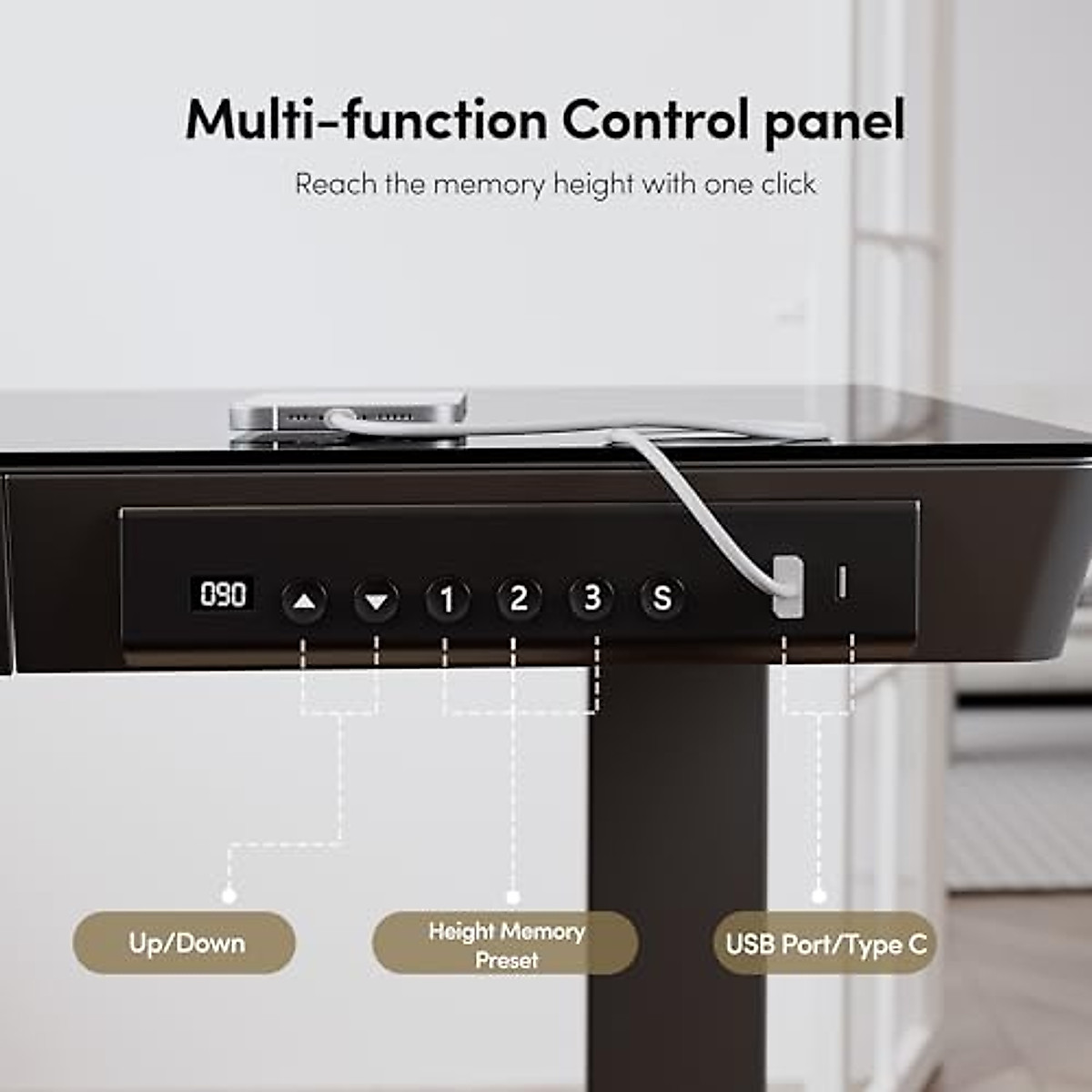 BANTI Electric Standing Desk with Drawers, 48 inch Whole-Piece Glass Desktop, Height Adjustable Stand up Sit Stand Home Office Ergonomic Workstation, Black Tabletop