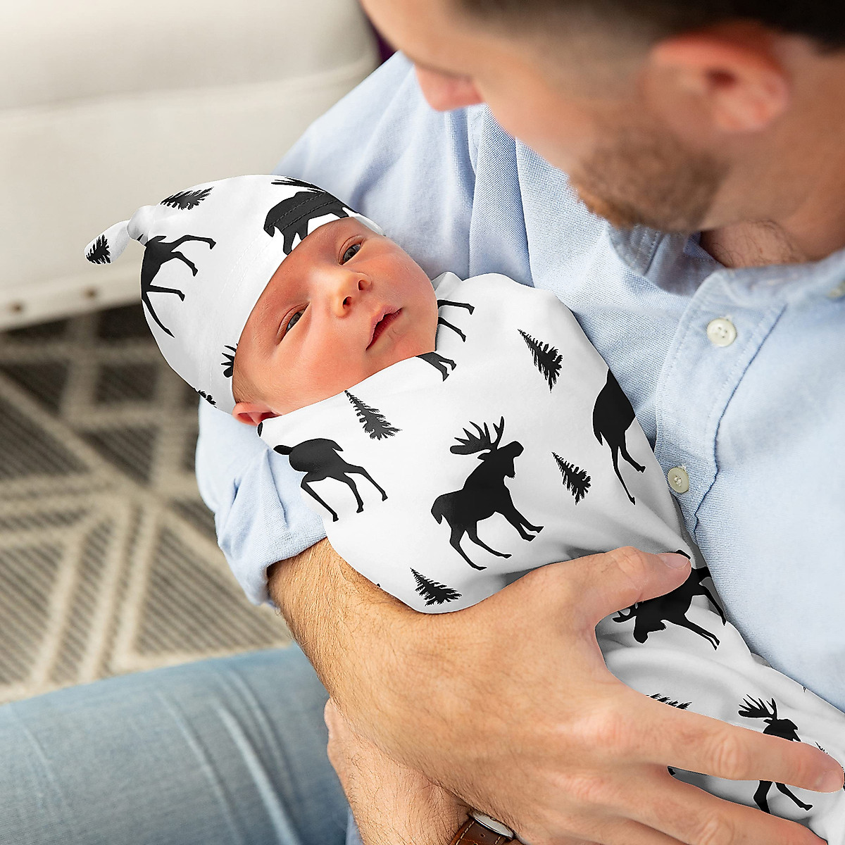 Sweet Jojo Designs Woodland Moose Baby Boy Cocoon and Beanie Hat 2pc Set Jersey Stretch Knit Sleeping Bag for Infant Newborn Nursery Sleep Wrap Sack - Black and White Forest Animal Rustic Patch